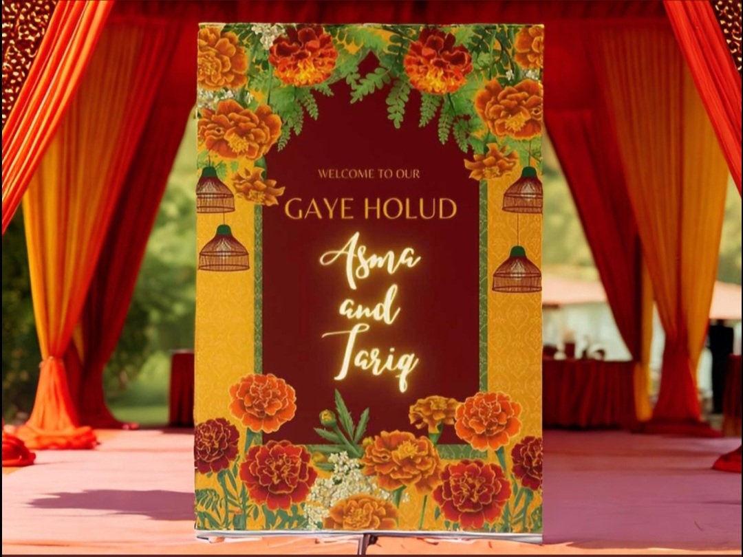 Marigold Gaye Holud Welcome Sign Haldi Turmeric Ceremony Bengali Indian ...