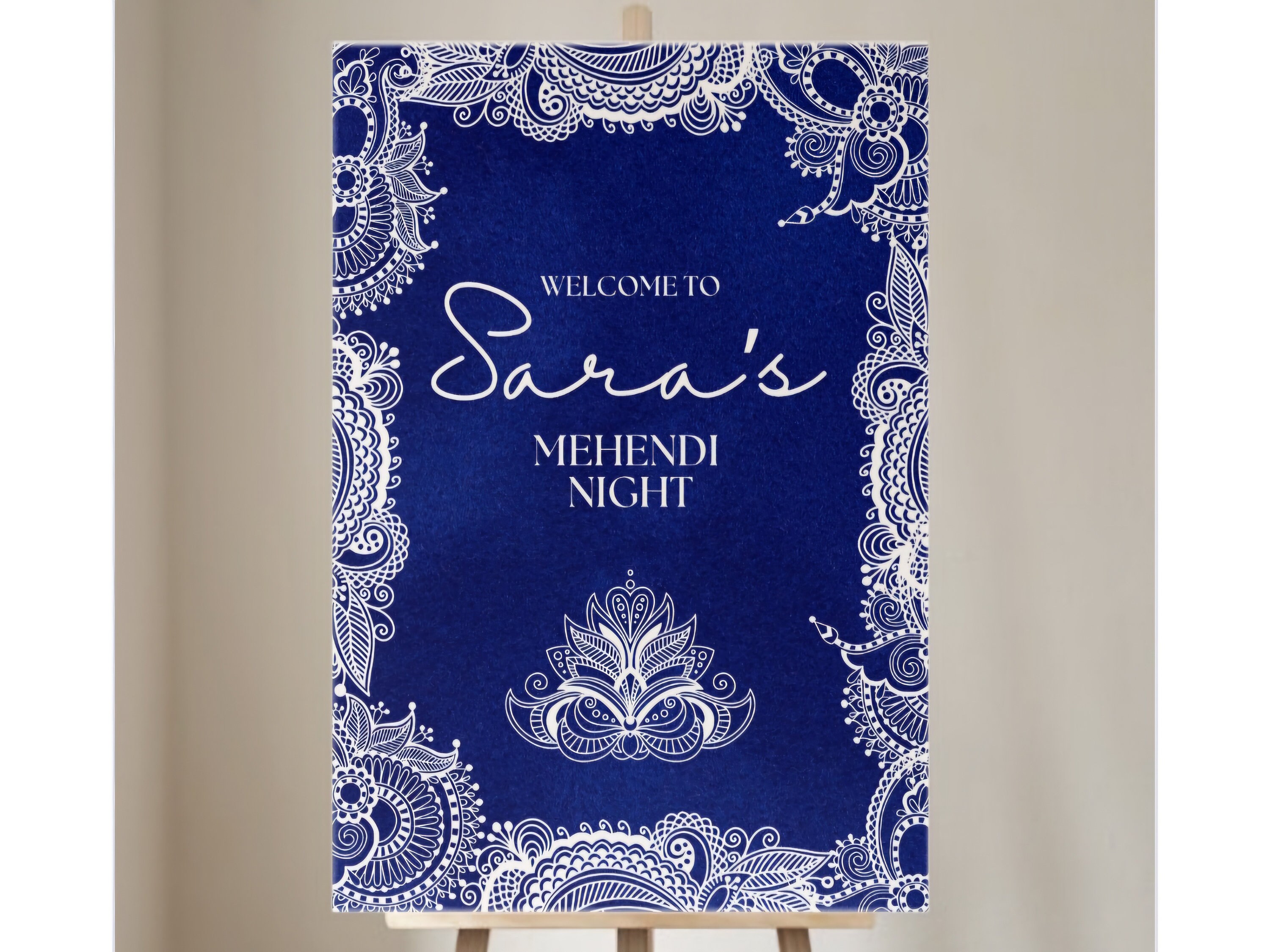 Velvet Navy White Mehendi Welcome Sign | Henna Border Holud Haldi ...