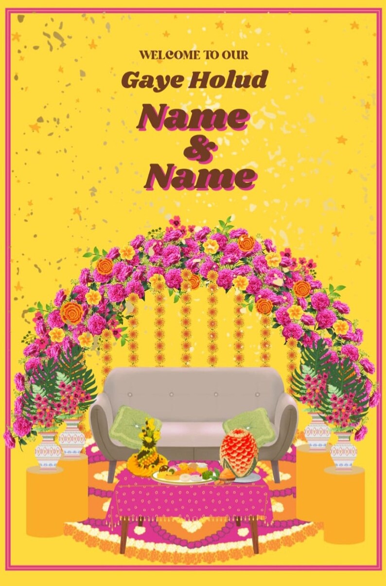 Pink Arch Gaye Holud Table Sign | Haldi Turmeric Ceremony Poster ...