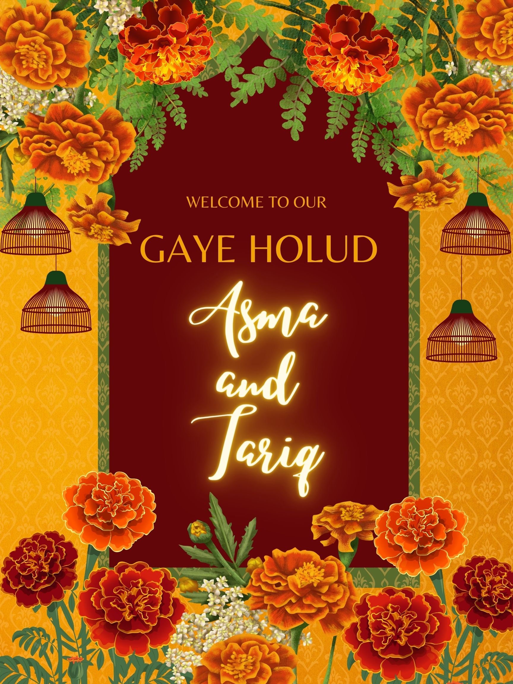 Marigold Gaye Holud Welcome Sign Haldi Turmeric Ceremony Bengali Indian ...