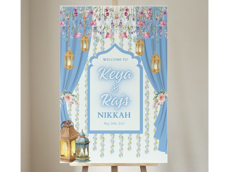 Blue Nikkah Flower Curtain Welcome Sign | Islamic Floral Curtain ...