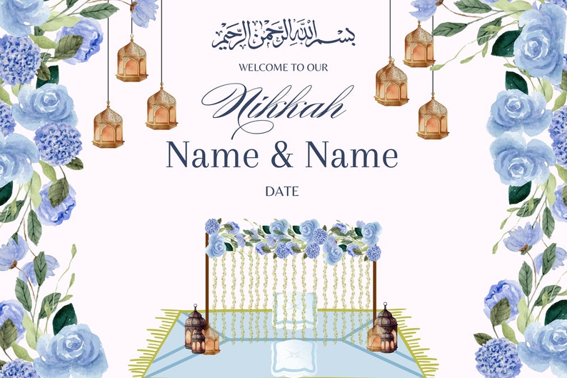 Blue Nikkah Floral Curtain Wedding Welcome Sign | Flower Partition ...