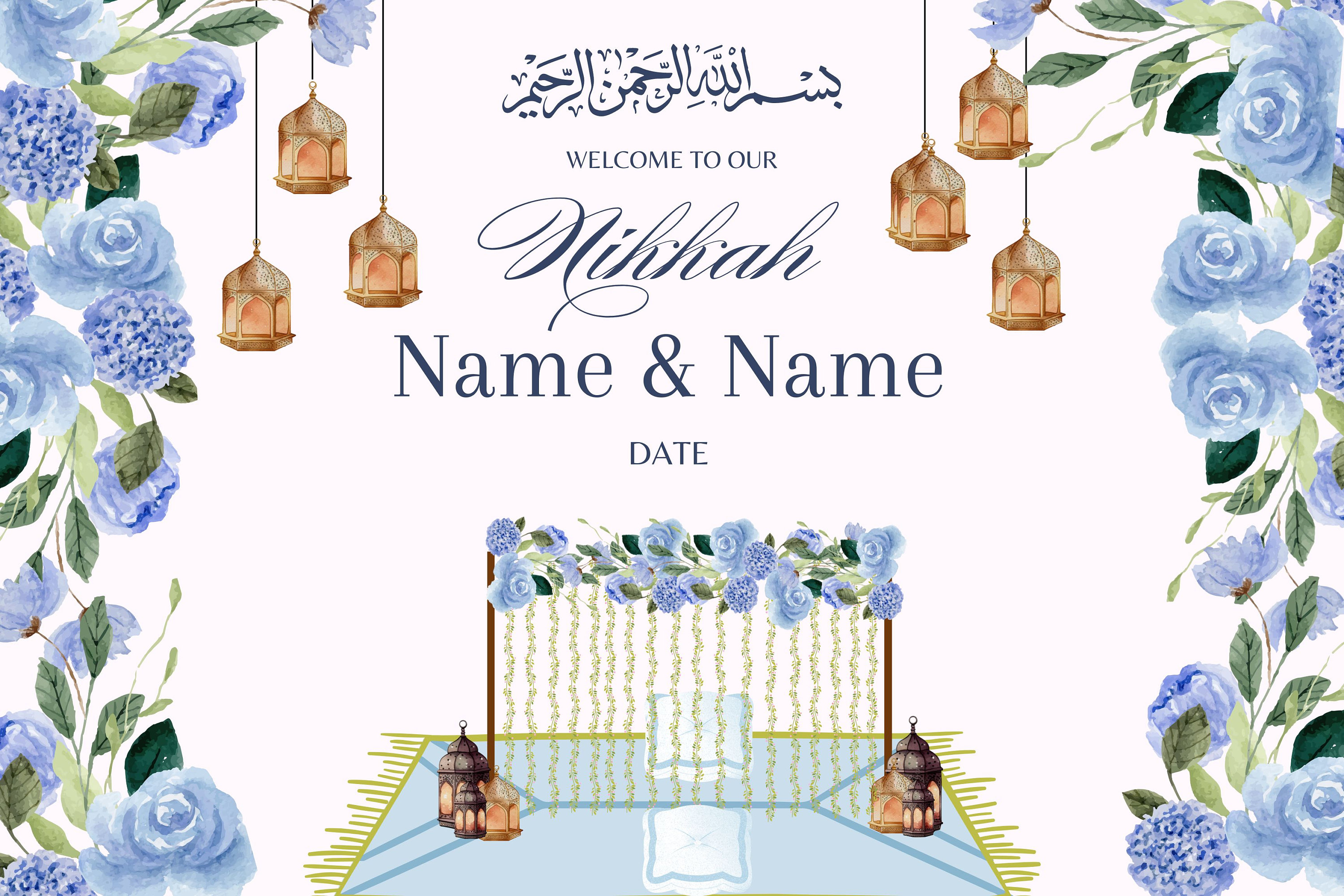 Blue Nikkah Floral Curtain Wedding Welcome Sign | Flower Partition ...