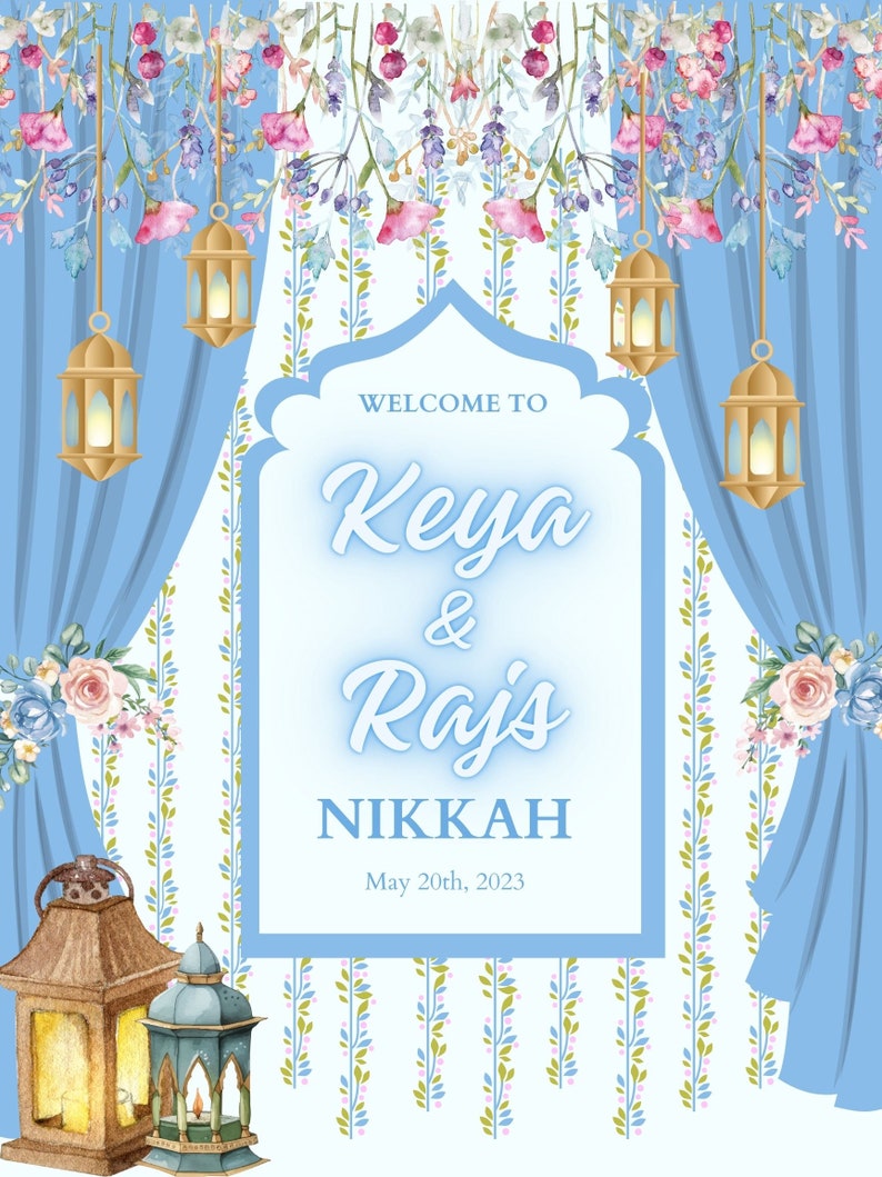 Blue Nikkah Flower Curtain Welcome Sign | Islamic Floral Curtain ...