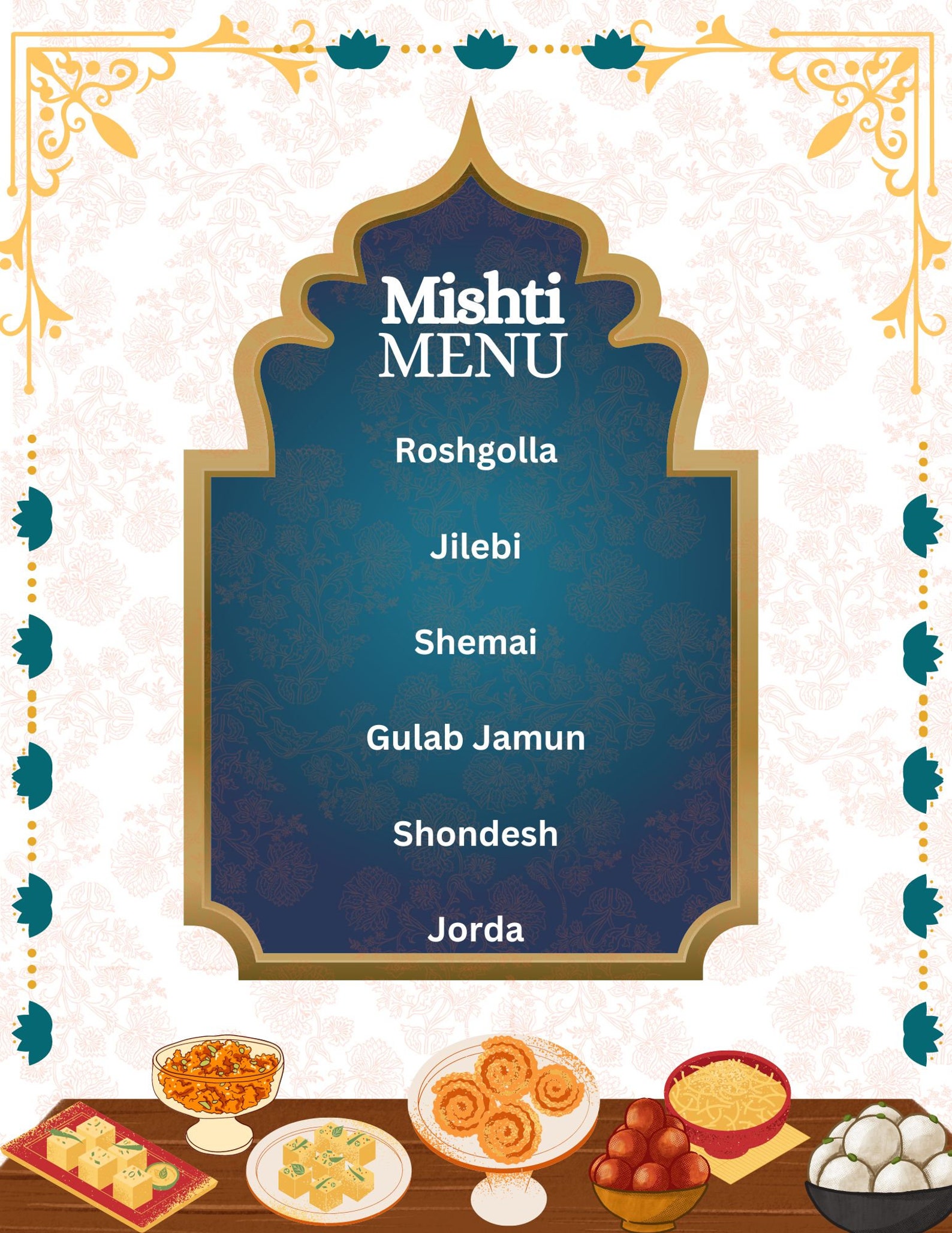 Mishti Mithai Menu Sign | Indian Bengali Pakistani Wedding Desi Function | Mehendi Henna Haldi ...