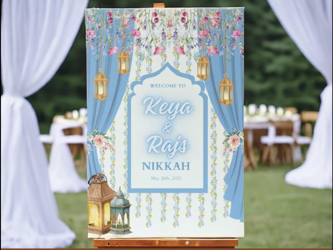 Blue Nikkah Flower Curtain Welcome Sign | Islamic Floral Curtain ...