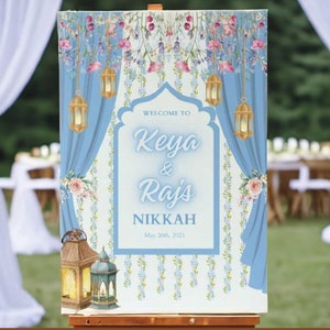 Blue Nikkah Flower Curtain Welcome Sign | Islamic Floral Curtain ...