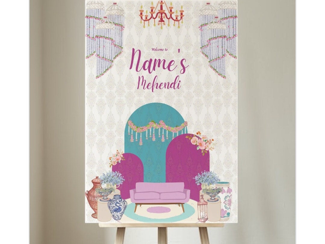 Modern Pastel Mehendi Welcome Sign Gaye Holud Haldi Henna Dolki Poster ...