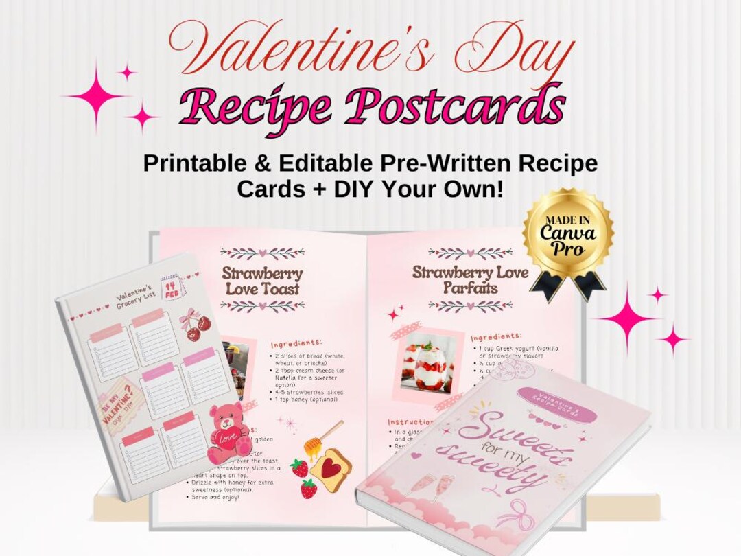Valentine's Recipe Cards Printable & Editable in Canva 15 Cute Easy ...