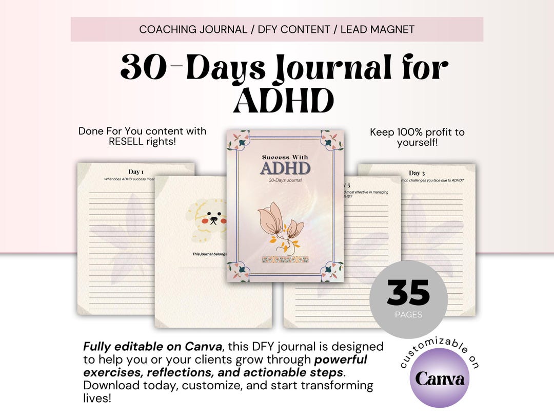 30-day ADHD Digital Journal Focus Plan for Adult | ADHD Coaching ...