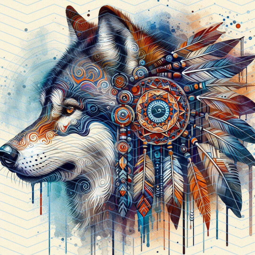 Indigenous Wolf With Headdress Digital Download PNG JPEG Sublimation ...