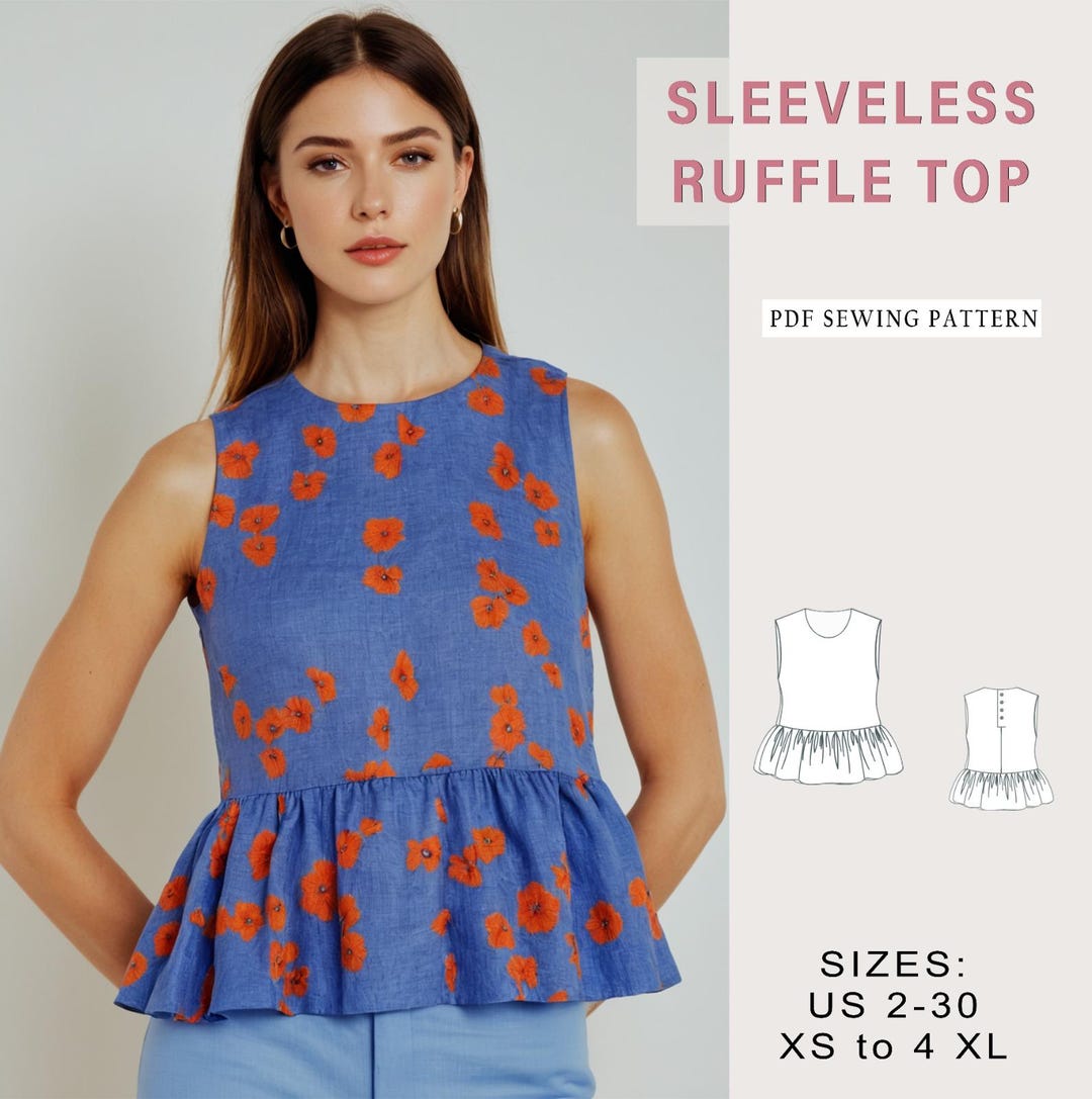 Sleeveless Peplum Ruffle Top Sewing Pattern: Women's Sizes XS-4XL (PDF ...