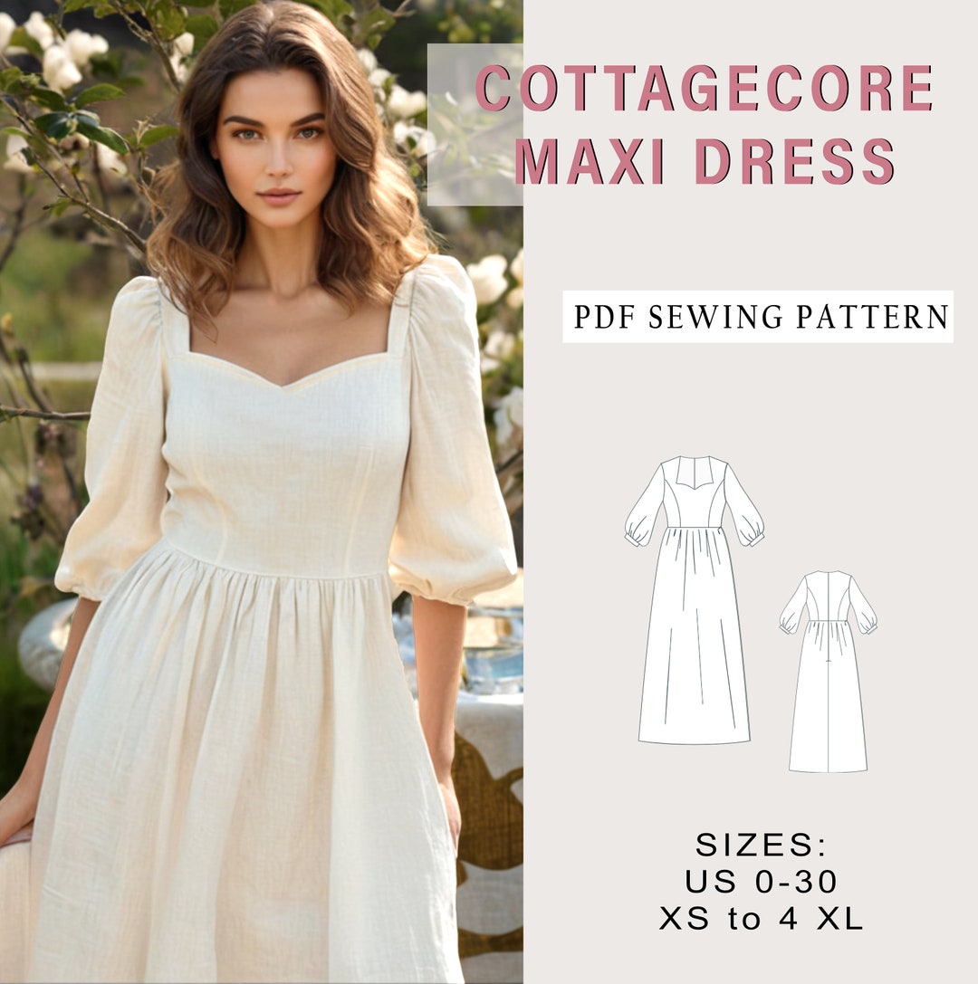 Fairy Cottagecore Dress Sewing Pattern, Regency Maxi Dress Pattern ...