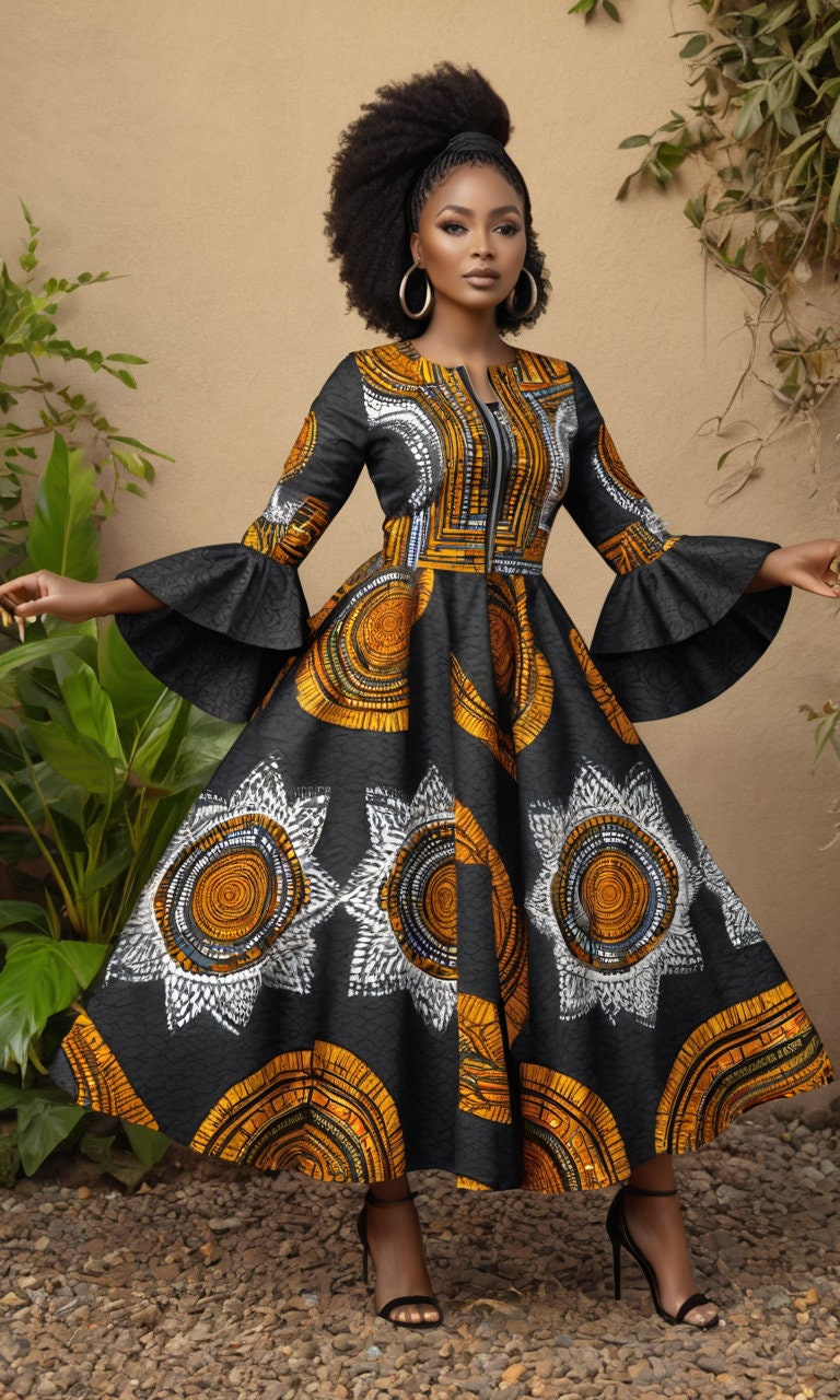 African Ruffle Sleeve Jacket Dress Sewing Pattern, Front Zipper Dress ...