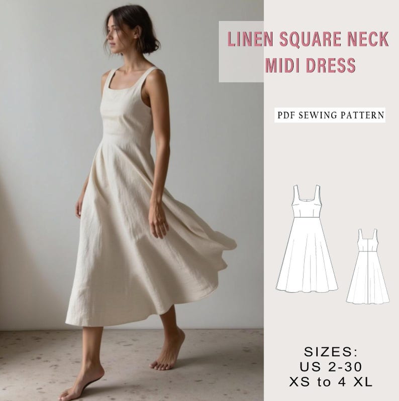 Linen Midi Dress Sewing Pattern: Square Neck Cottagecore Style (XS-5XL ...