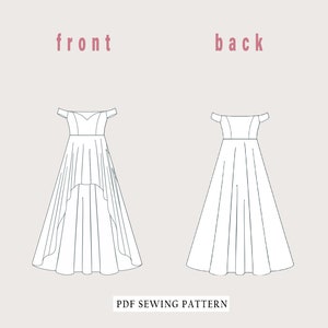 Off Shoulder High-low Dress Sewing Pattern: Bridal Gown, Ball Gown (A4 ...
