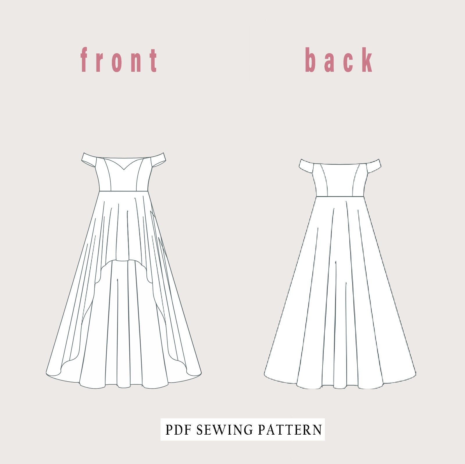 Off Shoulder High-low Dress Sewing Pattern: Bridal Gown, Ball Gown (A4 ...