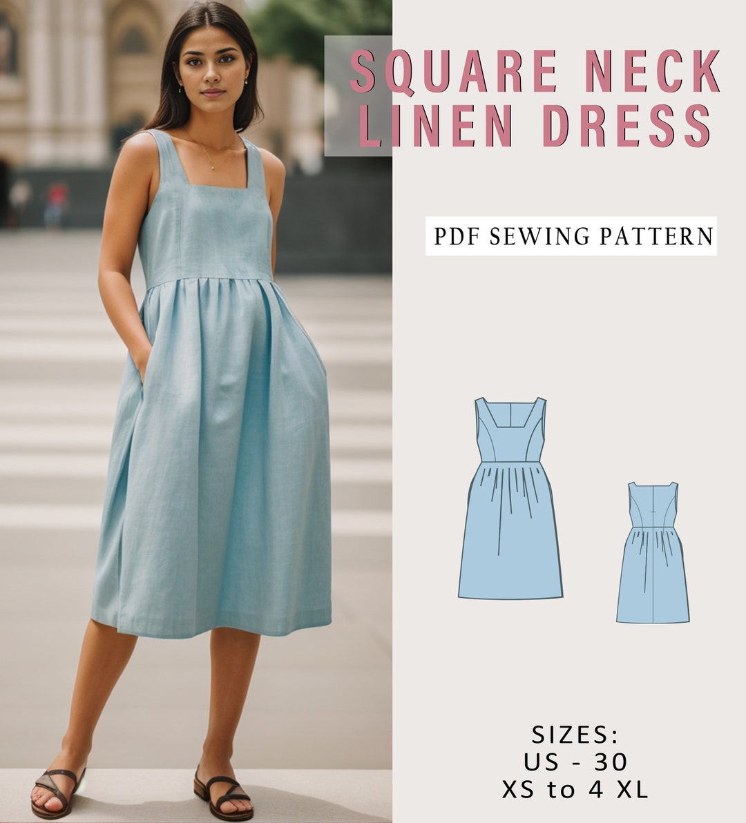 Square Neck Linen Dress, Pocketed Linen Dress Pattern, Summer Linen ...