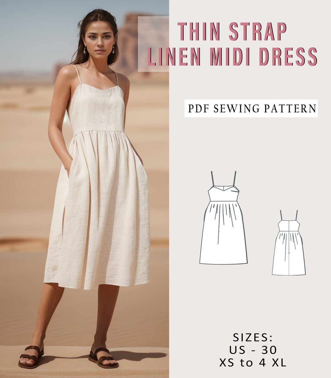 Thin Strap Linen Midi Dress, Pocketed Linen Dress Pattern, Summer Linen ...
