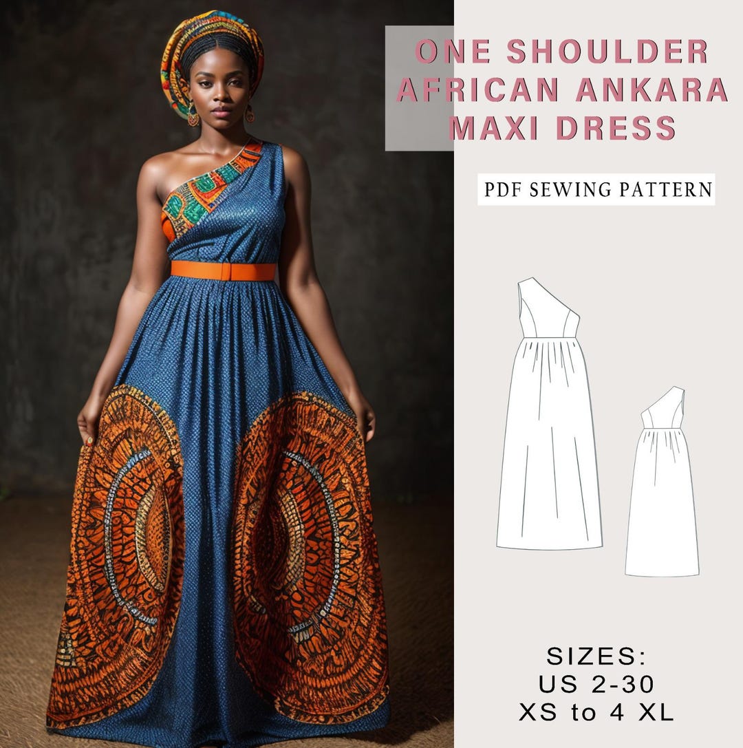 African Ankara One Shoulder Dress Sewing Pattern, Front Zipper Dress ...