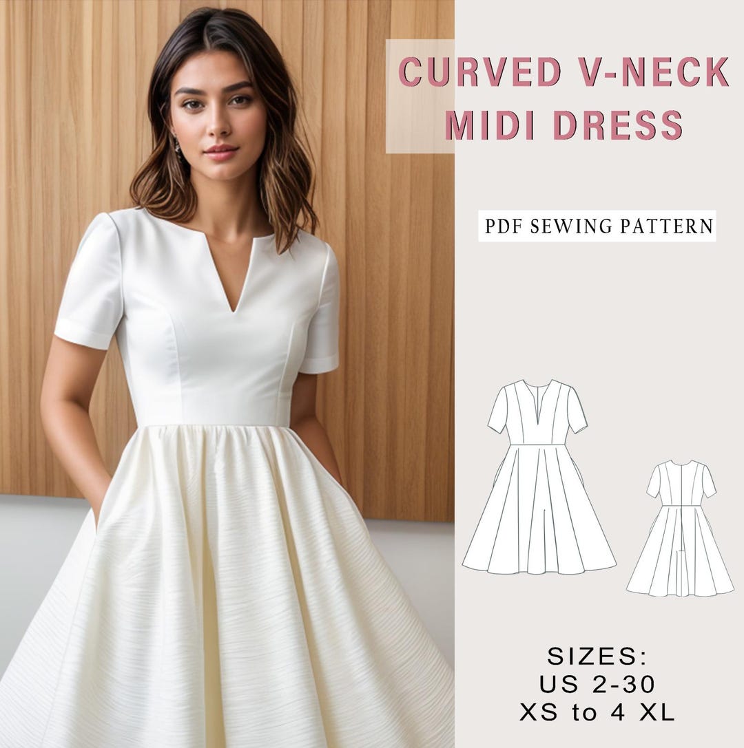 Curved V-neck Midi Dress Sewing Pattern, Easy Dress Pattern, Cocktail ...