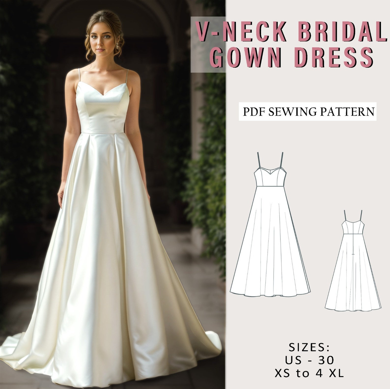 Bridal Gown Sewing Pattern, V-neck Bridal Gown, Cocktail Dress Pattern ...