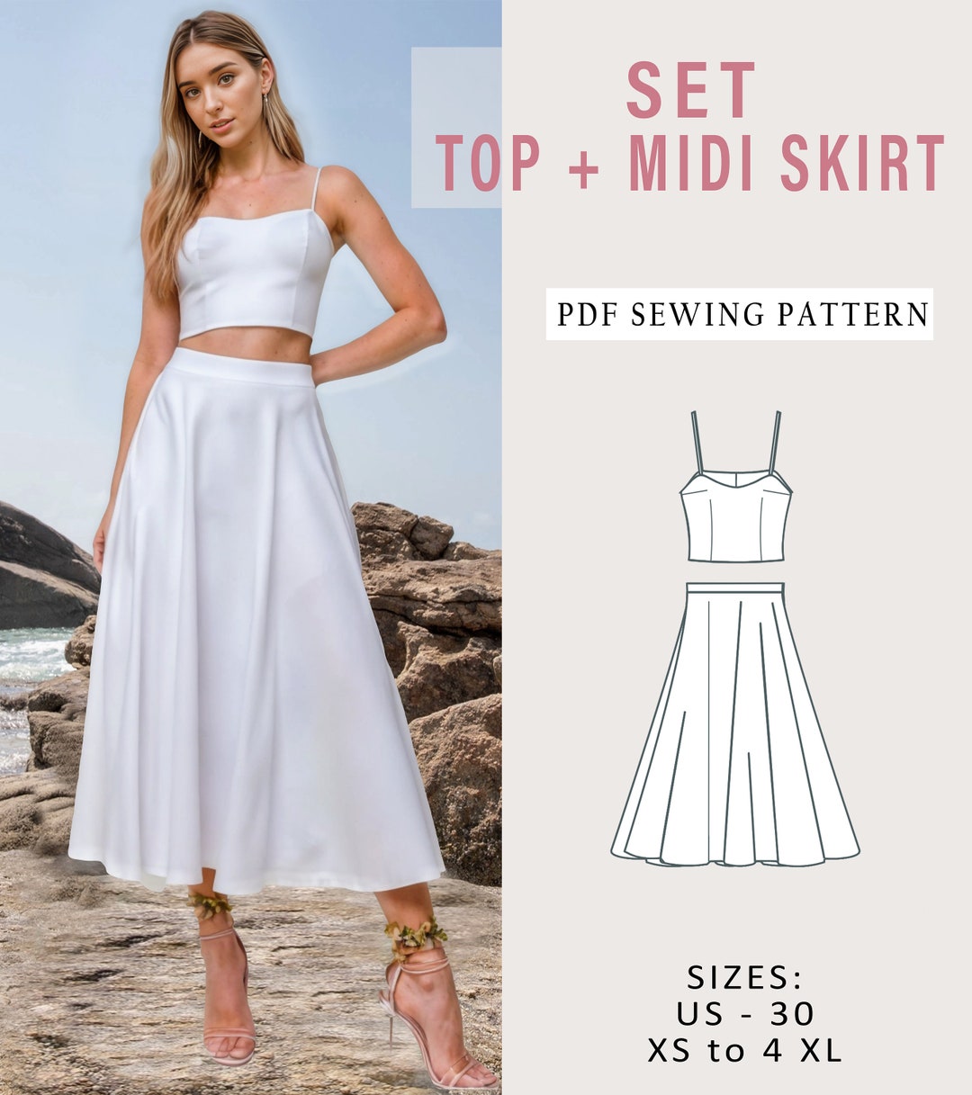 Set Top and Midi Skirt, Cottagecore Vintage Skirt Pattern, Bundle PDF ...
