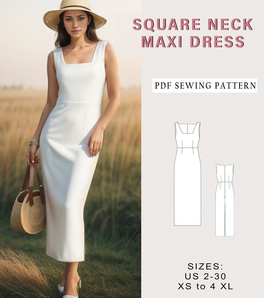 Square Summer Dress Sewing Pattern, Cottagecore Dress, Sleeveless Dress ...