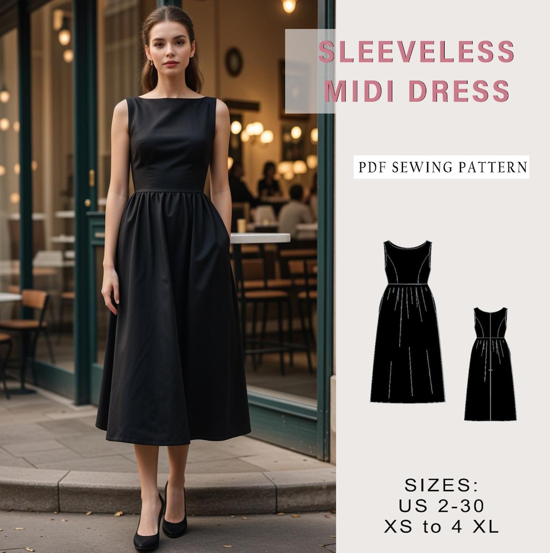 Sleeveless Vintage Style Midi Dress Sewing Pattern, 1950's Vintage Prom ...