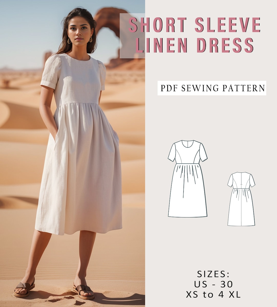 Short Sleeve Linen Midi Dress, Pocketed Linen Dress Pattern, Summer ...