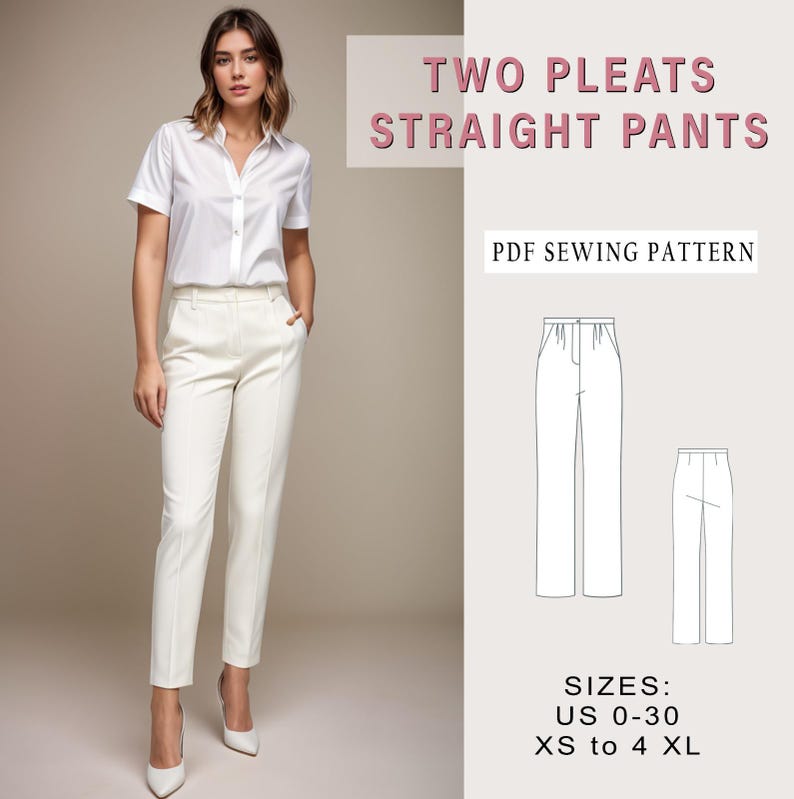 Two Pleats Straight Leg Pants Sewing Pattern: XS-4XL (digital Download ...