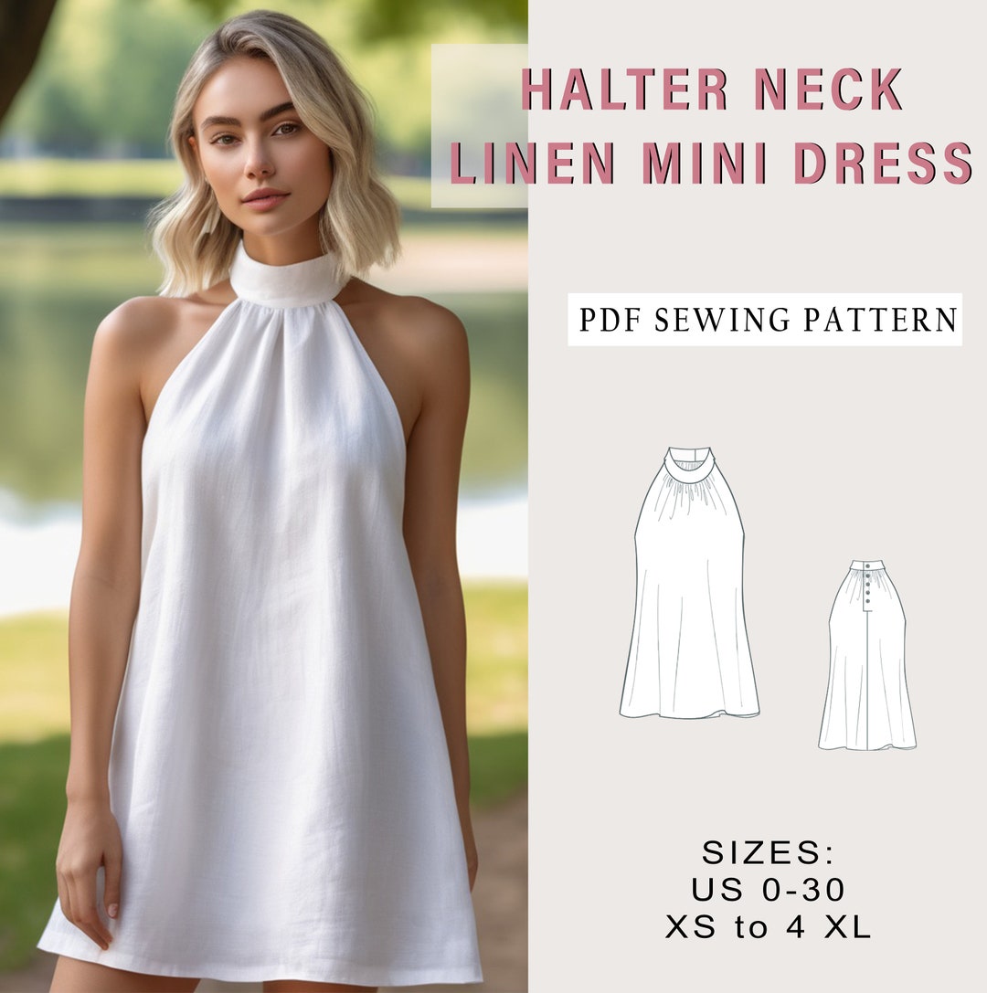 Halter Neck Linen Mini Dress Sewing Pattern, Halter Neck Dress Pattern ...