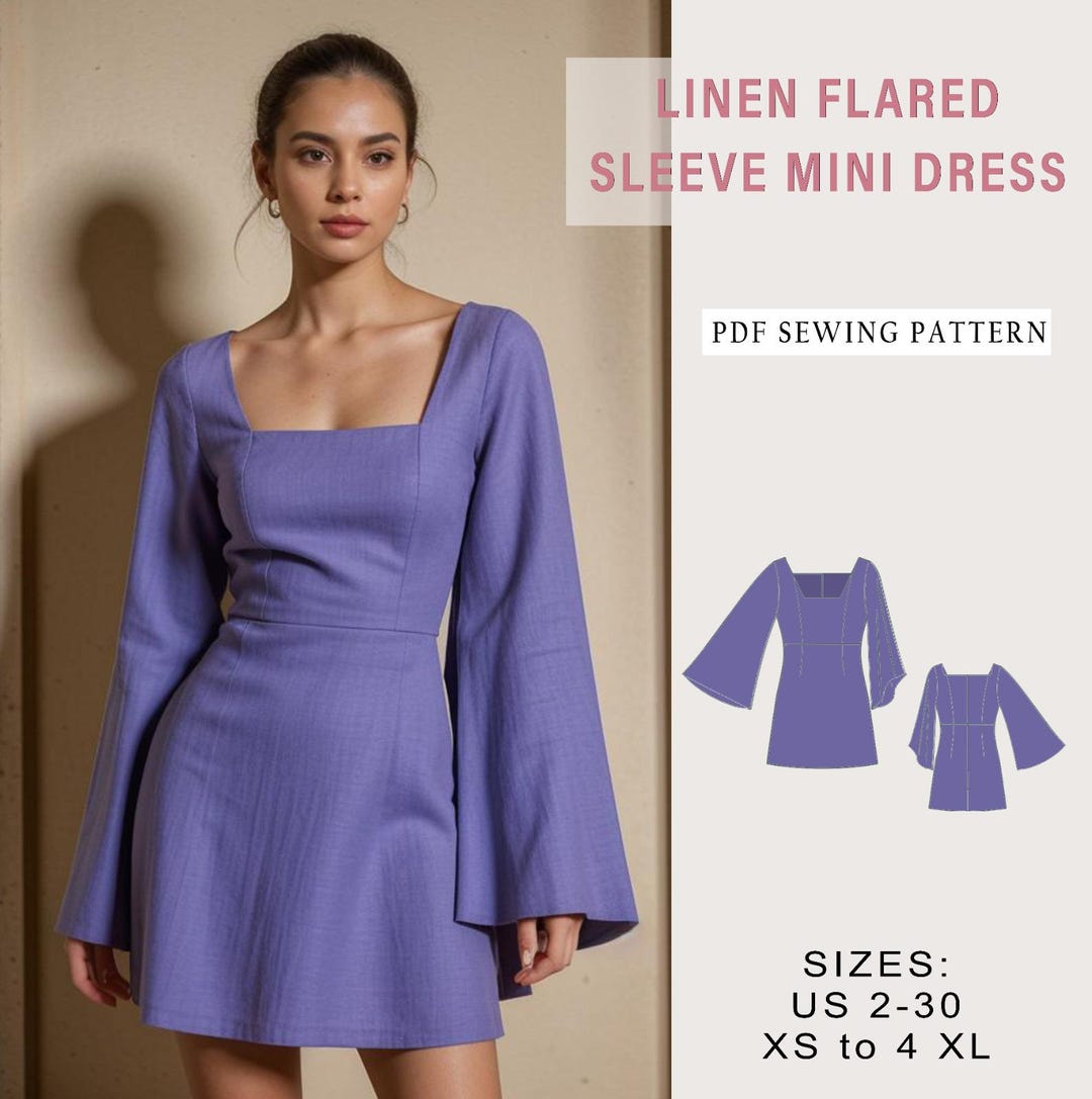 Linen Flared Sleeve Mini Dress Sewing Pattern: A-line, Square Neck (PDF ...