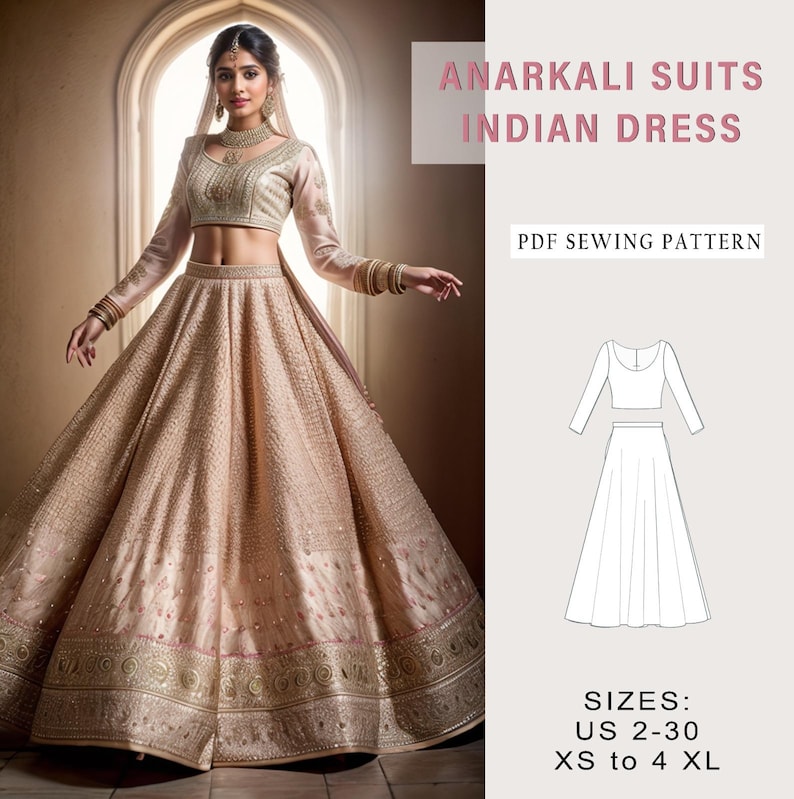 Anarkali Suit Sewing Pattern: Indian Dress, Bustier & Skirt (XS-5XL ...