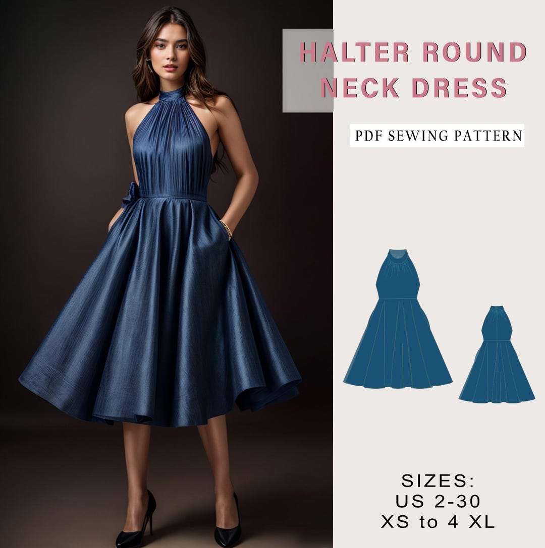 Halter Round Neck Midi Dress Sewing Pattern (XS-4XL) (PDF Pattern) - Etsy