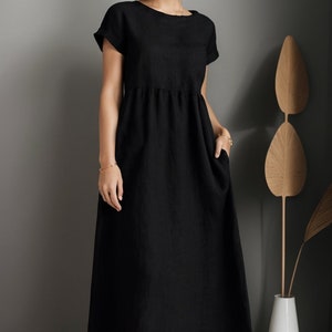 Short Sleeve Linen Maxi Dress, Linen Gathered Summer Dress Sewing ...