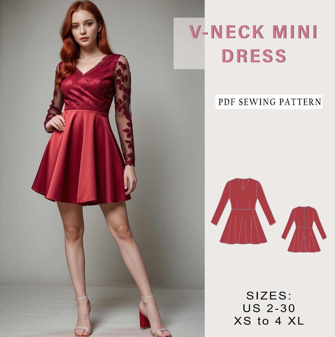 V-neck Mini Dress Sewing Pattern, Long Sleeve Mini Dress Pattern, Easy ...