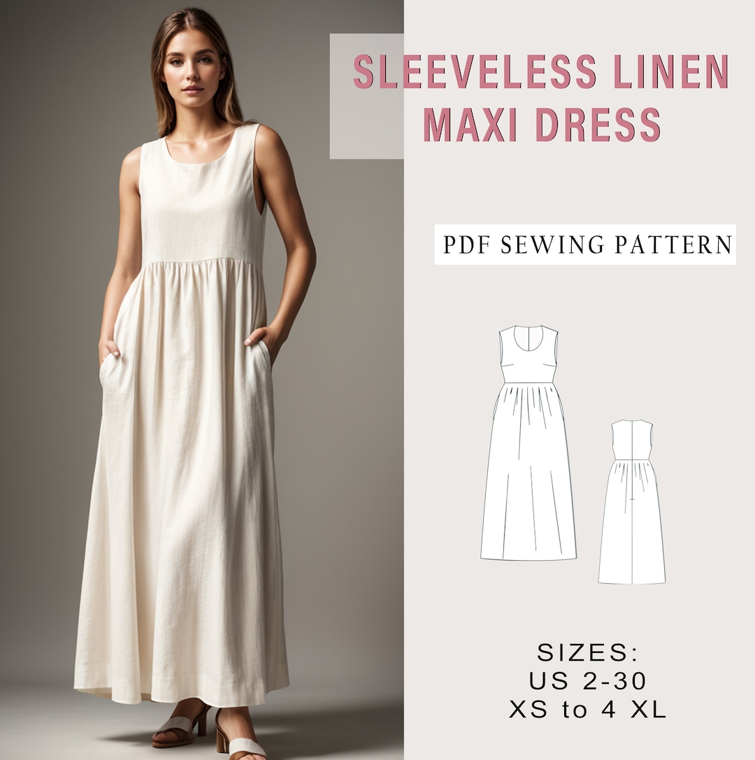 Sleeveless Linen Maxi Dress, Linen Gathered Summer Dress Sewing Pattern ...