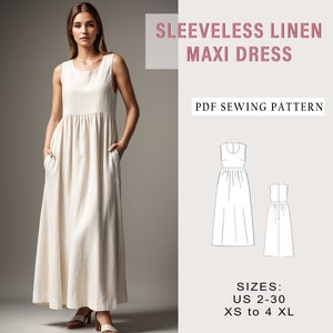 Sleeveless Linen Maxi Dress, Linen Gathered Summer Dress Sewing Pattern ...