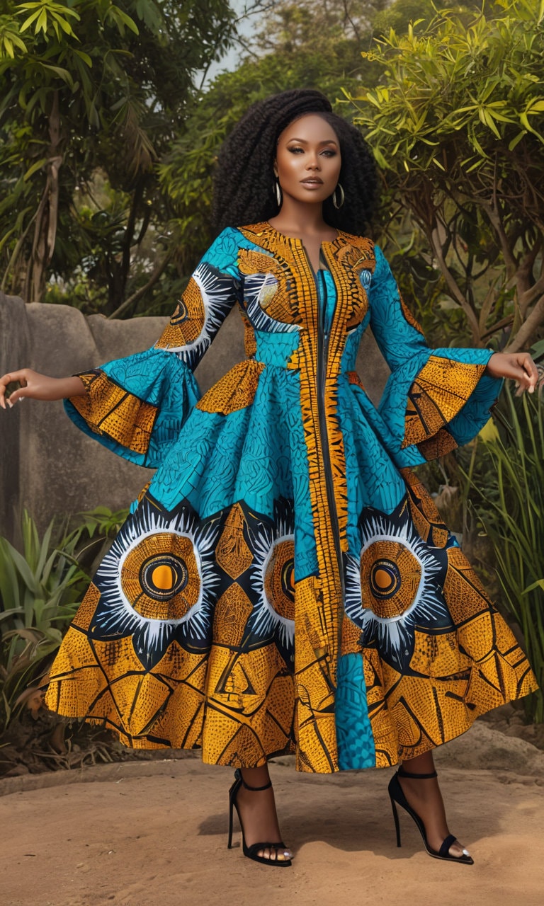African Ruffle Sleeve Jacket Dress Sewing Pattern, Front Zipper Dress ...