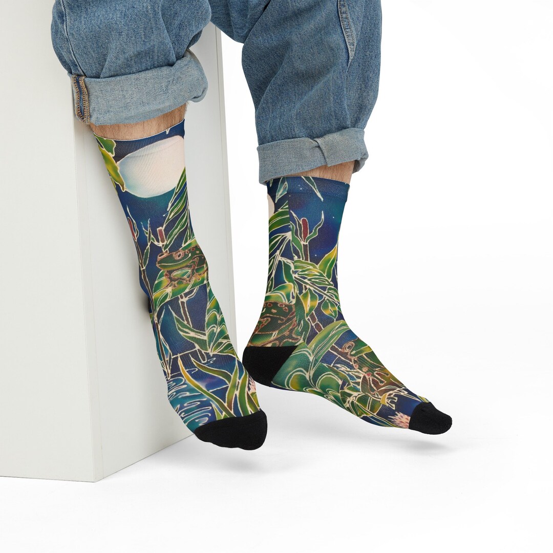 Frog Socks Sublimation Crew Socks, Froggie Moon Socks, Coqui Frog Socks, Lucky Frog Socks, Funny ...