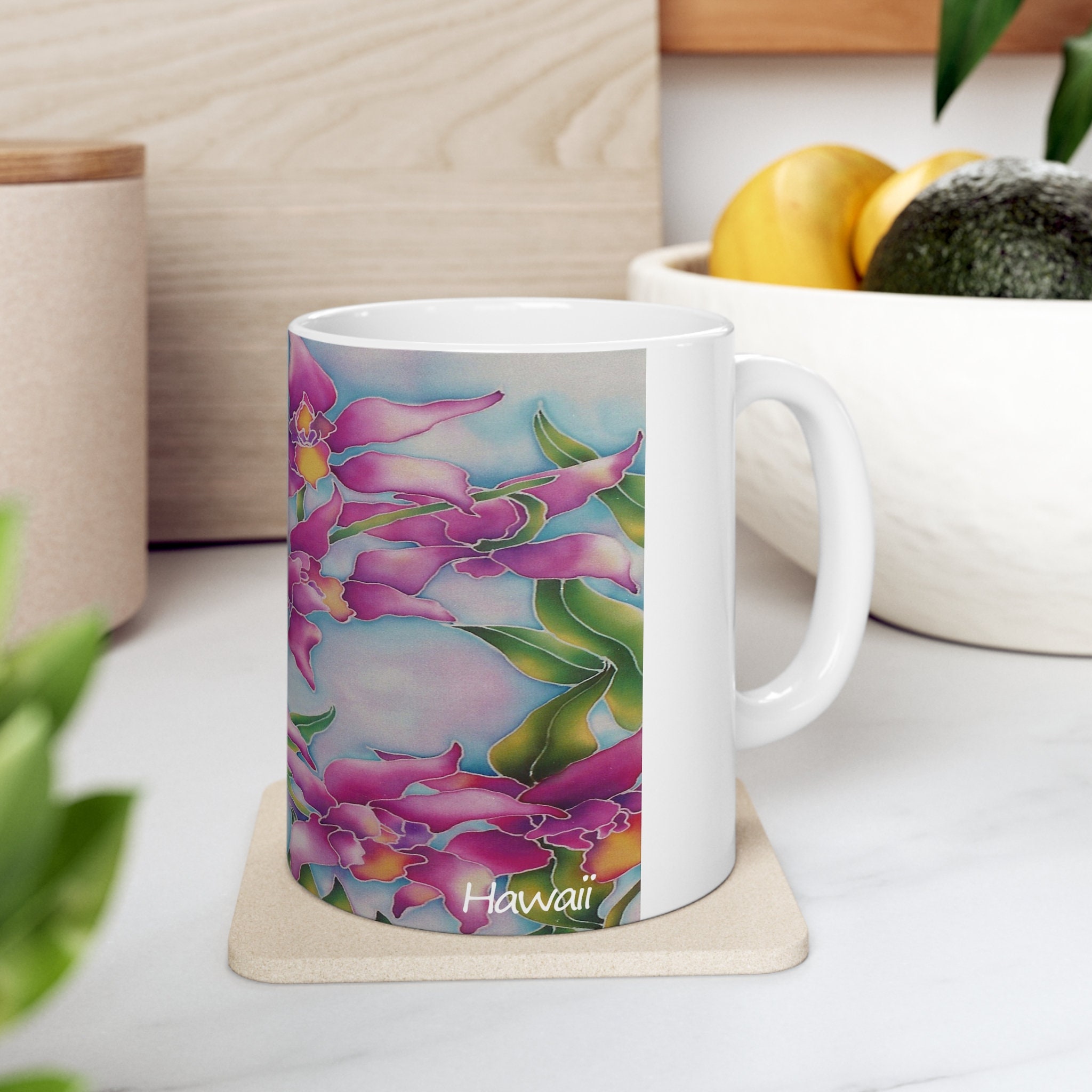Exotic Pink Orchid Mug Hawaii Inspired Ceramic Coffee Cup Elegant Hand ...