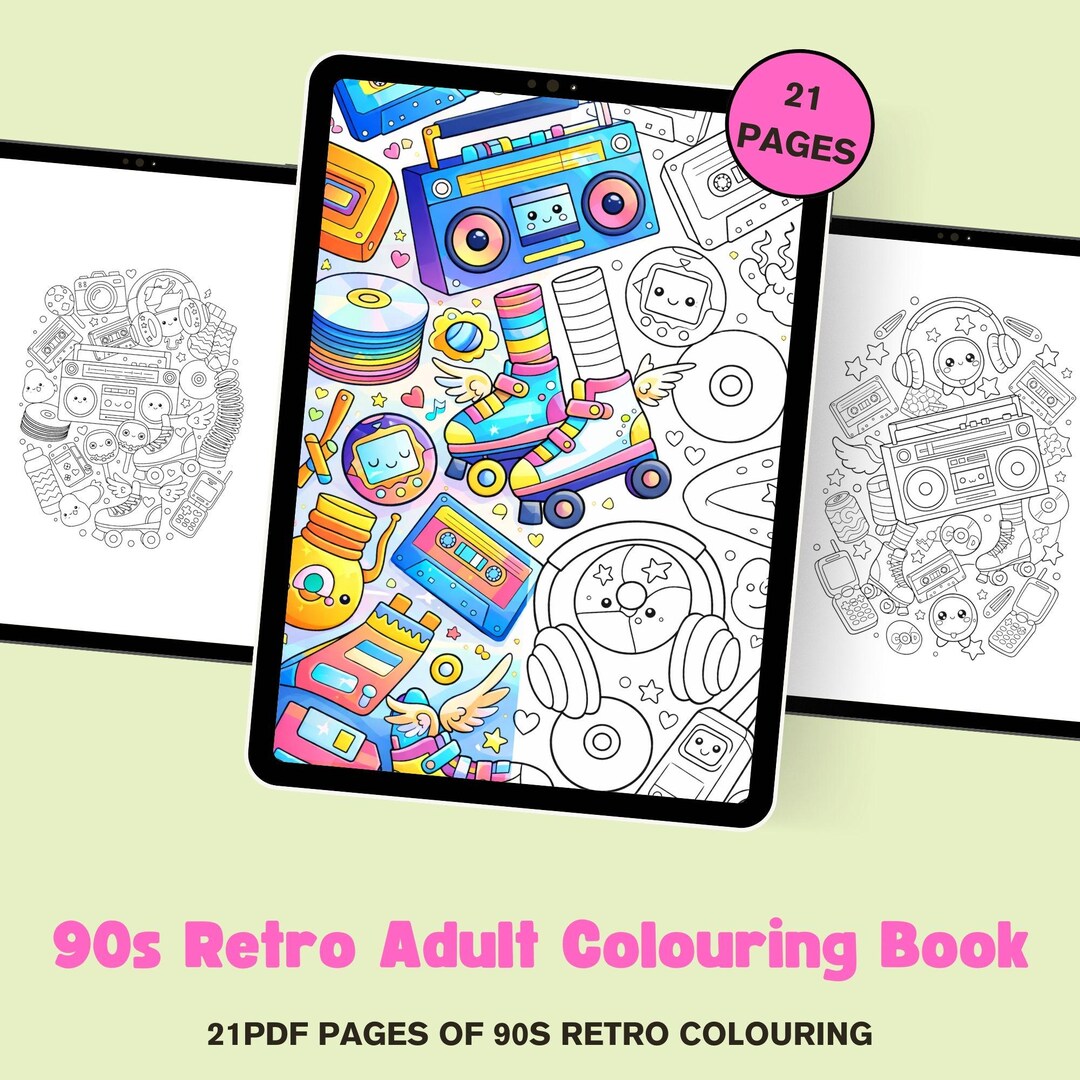 90’s Nostalgia Adult Colouring Pages – 21 Retro Printable Designs (A4 ...