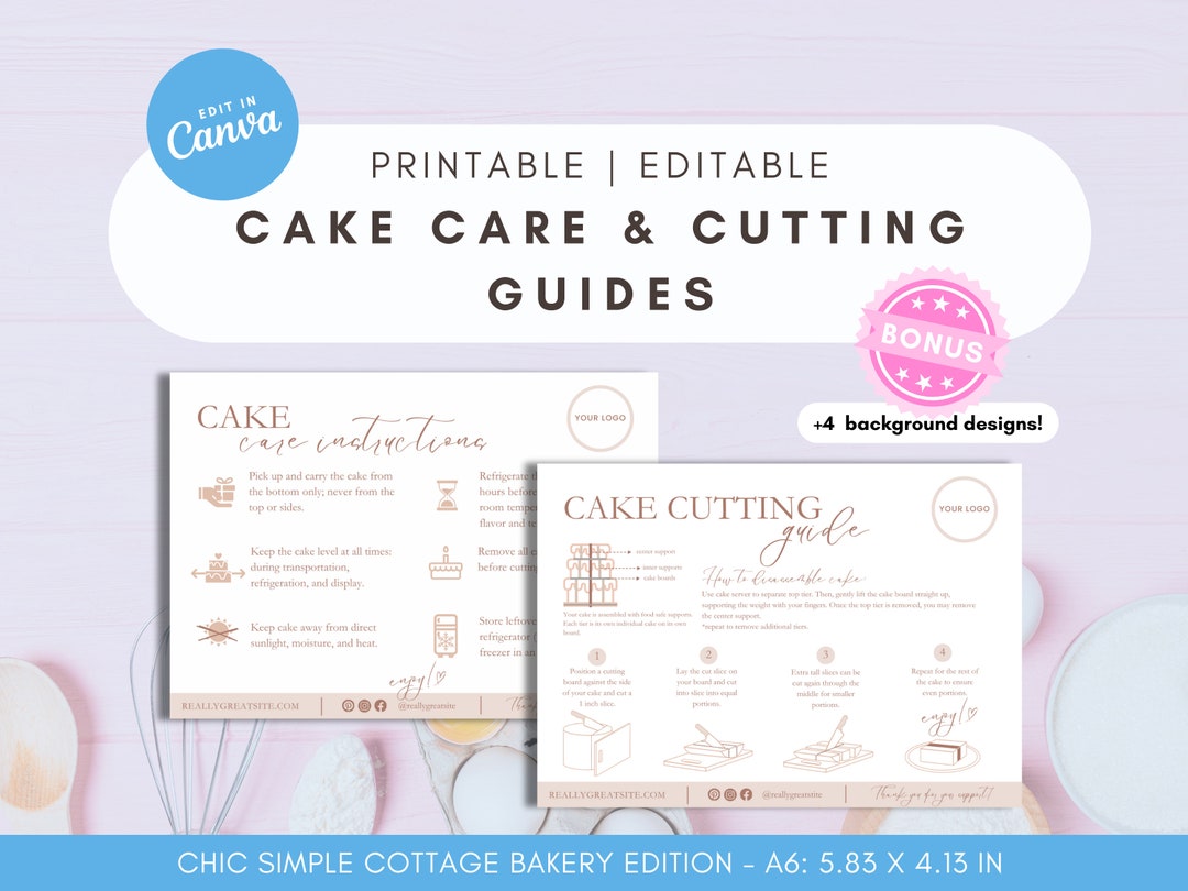 Elegant Simple Canva Editable Cake Care and Cake Cutting Guide Cards ...