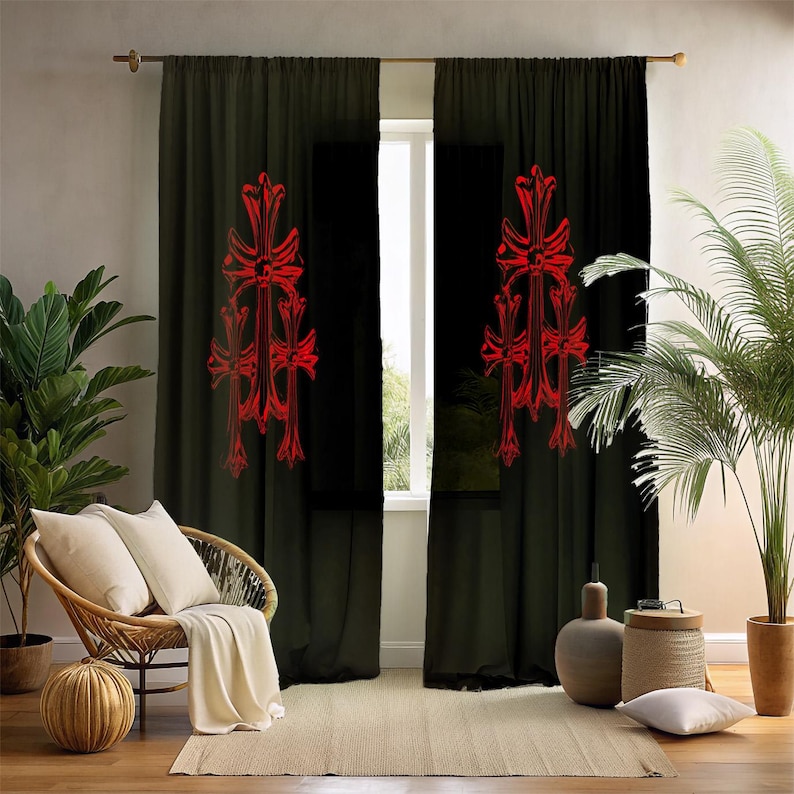 Triple Neon Red Gothic Cross Curtains – Goth Drapes, Gamer Room Decor ...