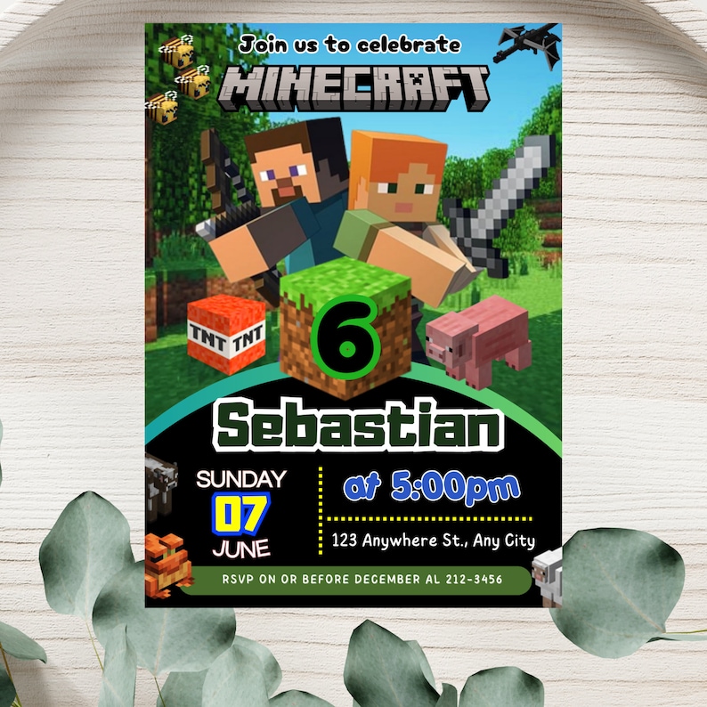 Invitación de cumpleaños editable de Minecraft, Invitación de ...