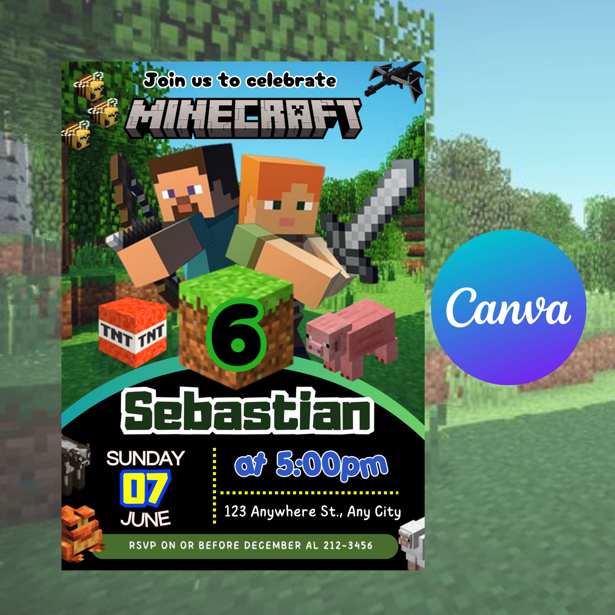 Invitación de cumpleaños editable de Minecraft, Invitación de ...