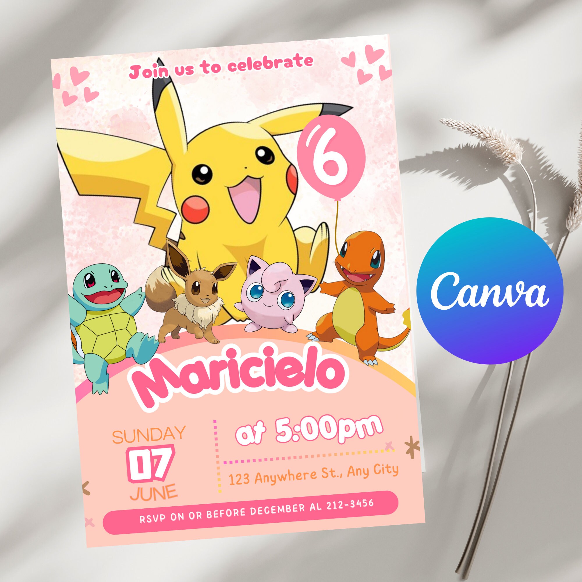 Invitación de cumpleaños de Pokemon editable para niña, Invitación de ...