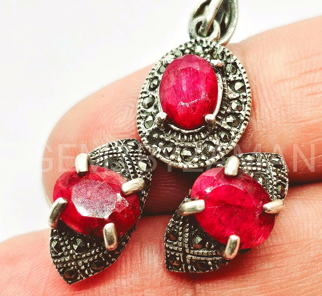 Vintage-inspired Sterling Silver Ruby Pendant and Earring Set - Etsy