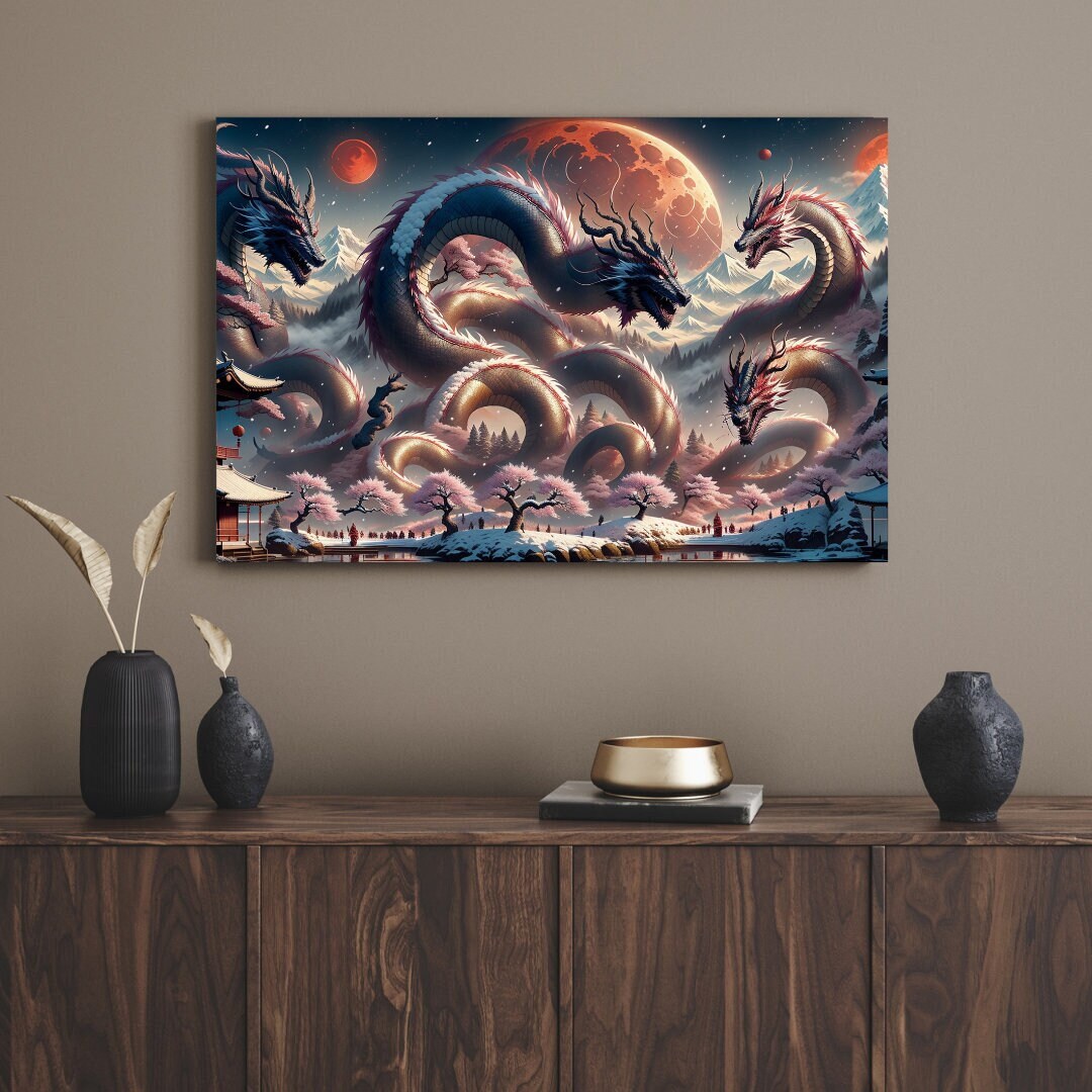 Printable Digital Art Cherry Blossom Chinese Dragon Hydra Blood Moon ...